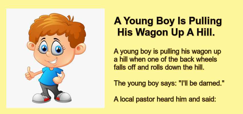 A Young Boy Is Pulling His Wagon Up A Hill.